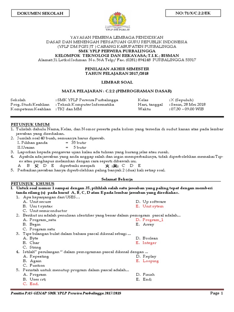 X SOAL PAT Pemrograman Dasar | PDF