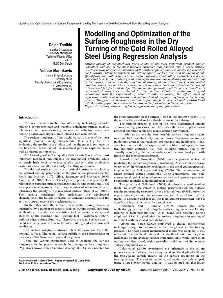 Modelling and Optimization of The Surface Roughness in The Dry Turning of The Cold Rolled ...