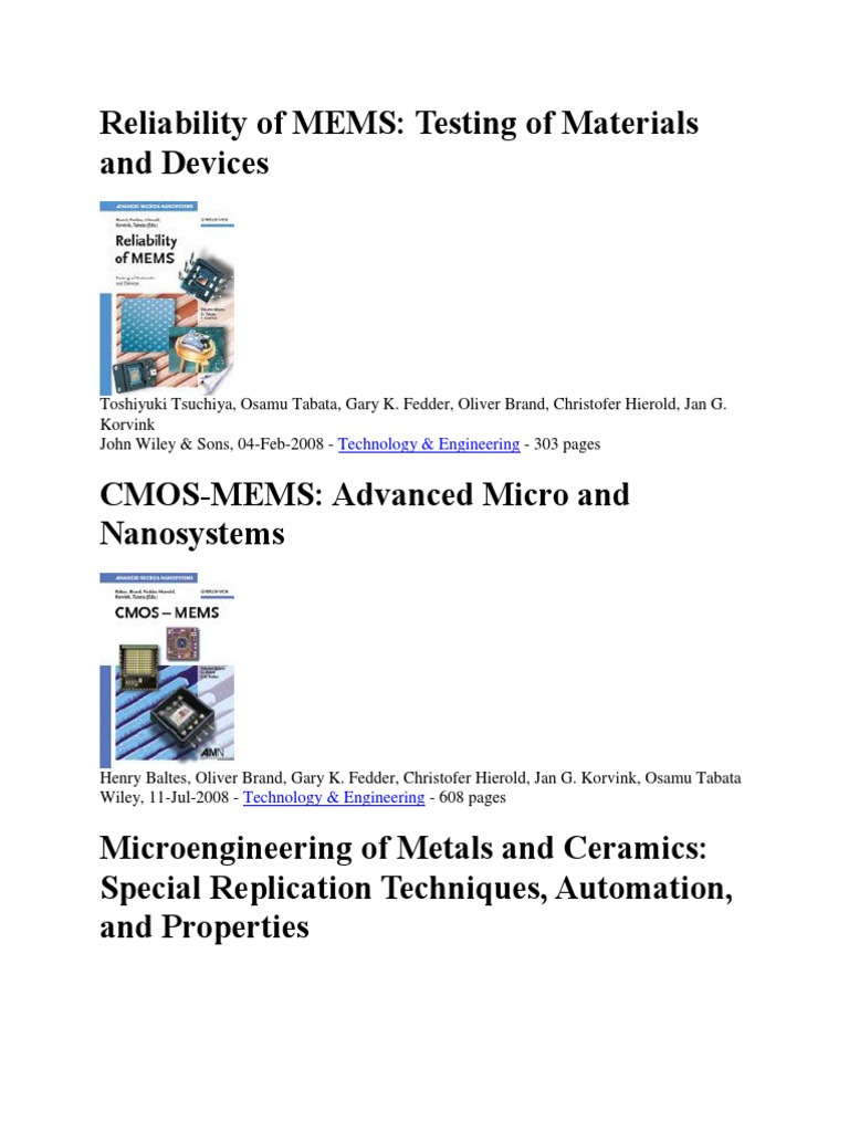 Reliability of MEMS: Testing of Materials and Devices: Technology ...