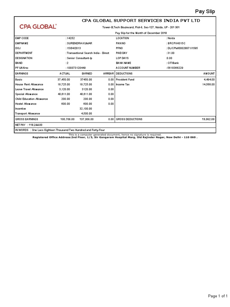 Pay Slip: Cpa Global Support Services India PVT LTD | PDF | Government ...