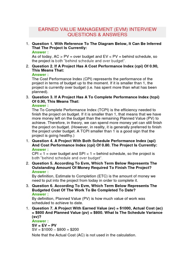 Earned Value Management (Evm) Interview Questions & Answers: Answer | Download Free PDF | Business