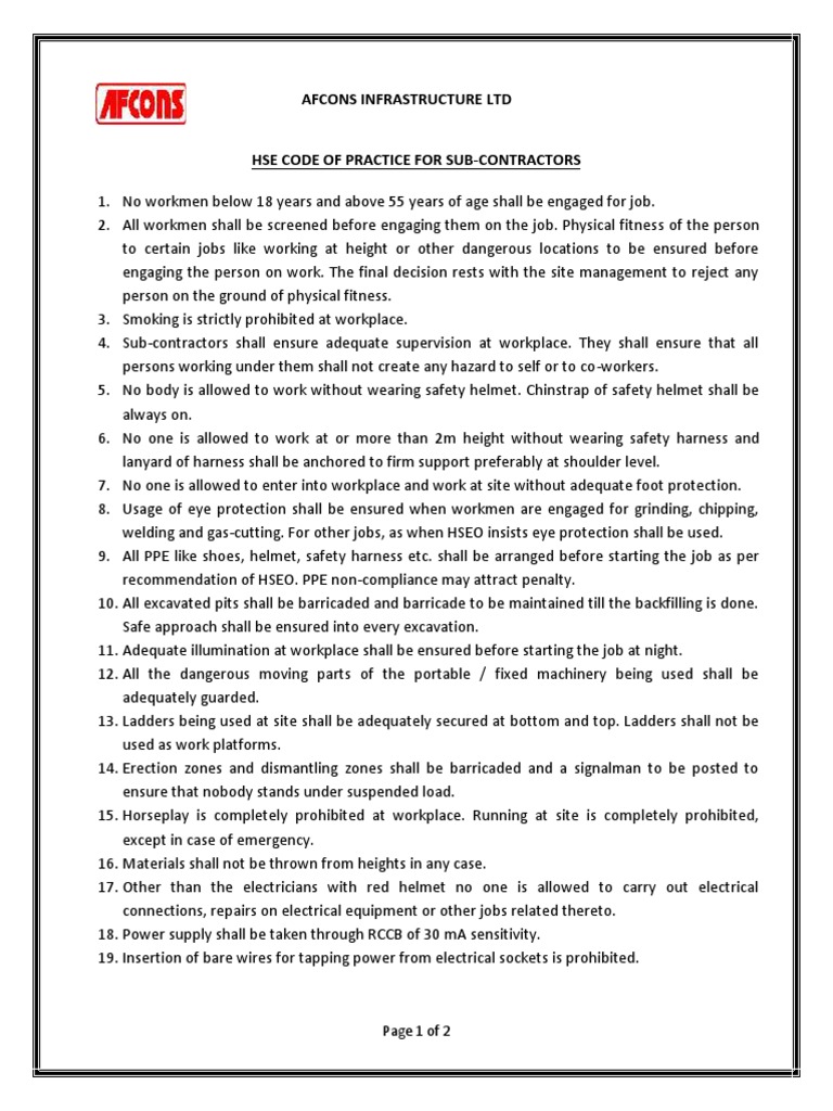 HSE Code of Practice for Sub-Contractors: Guidelines for Ensuring ...