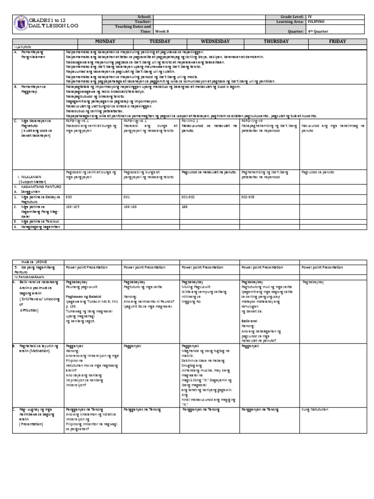 Grade 4 DLL FILIPINO 4 Q4 Week 8 | PDF