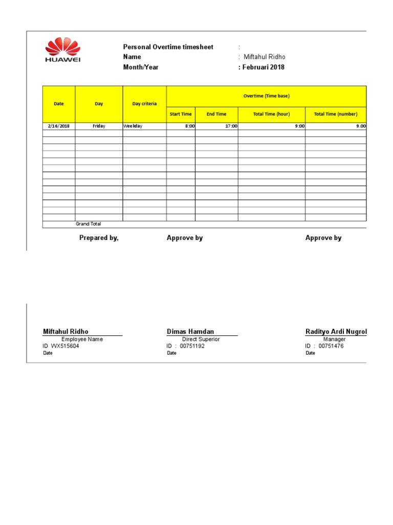 Personal Overtime Timesheet Name Month/Year: Februari 2018::: Miftahul ...