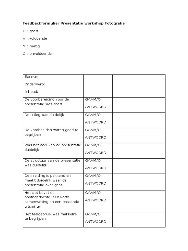 Feedbackformulier Presentatie Workshop Fotografie Week 1