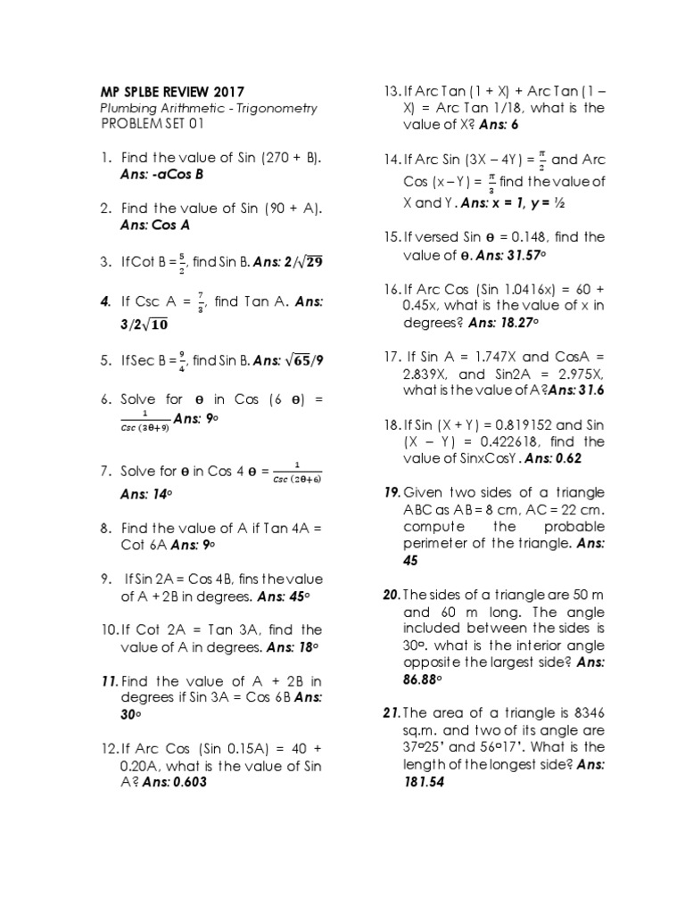 Problem Set 01 Trigo | PDF | Sine | Triangle