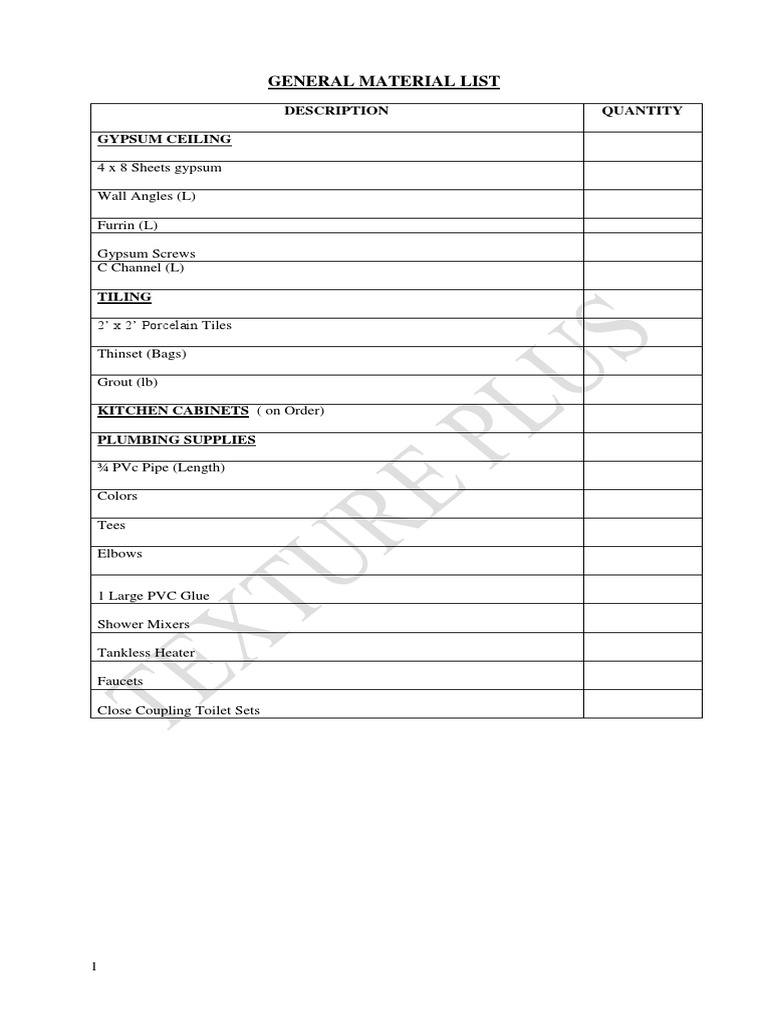 General Material List Blank | PDF | Plumbing | Shower