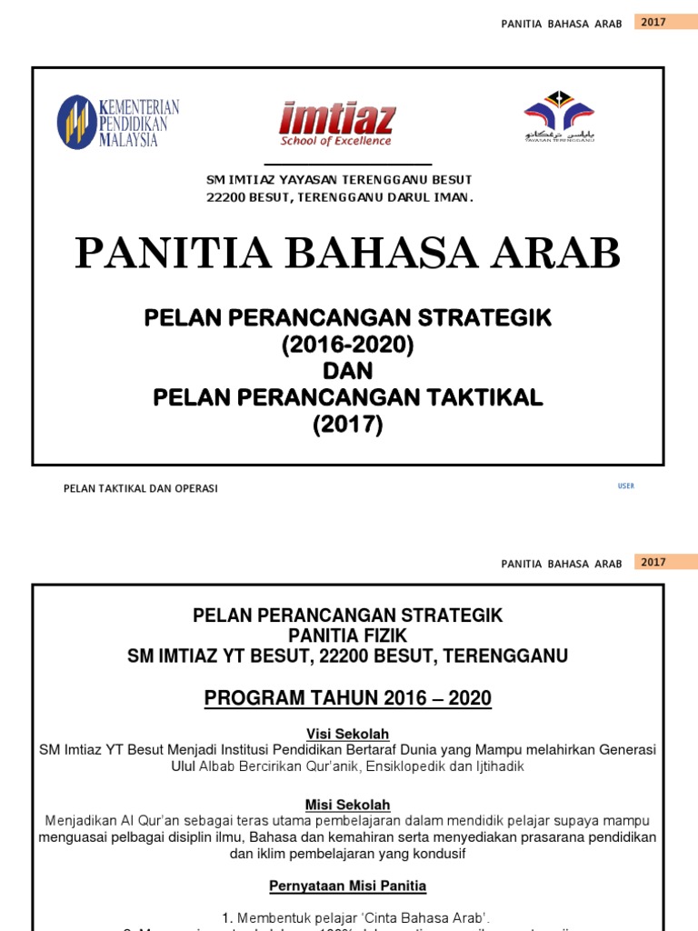Contoh Pelan Strategik, Taktikal Dan Swot Panitia Bhs Arab 2018 (IMTIAZ ...