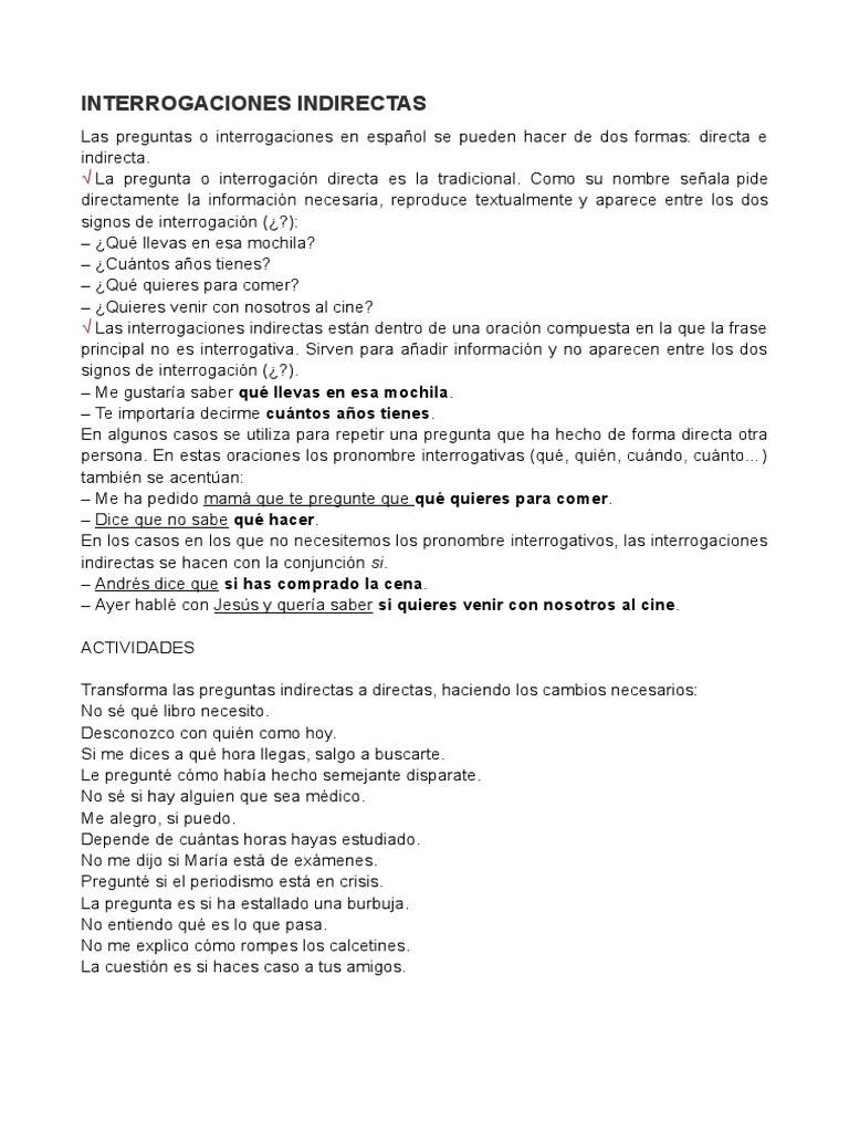 Interrogaciones Directas e Indirectas | PDF