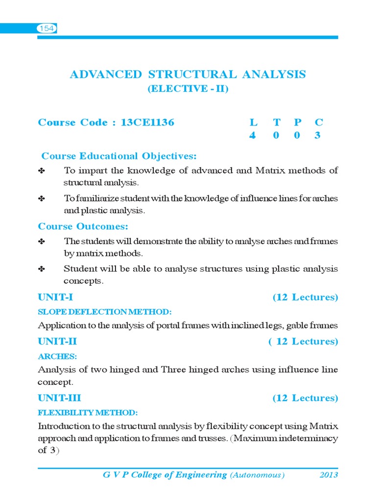 Advanced Structural Analysis: Course Code: 13CE1136 L TPC 4 0 0 3 | PDF ...