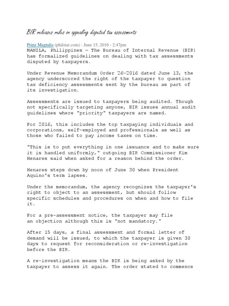 BIR Releases Rules On Appealing Disputed Tax Assessments | PDF | Tax ...