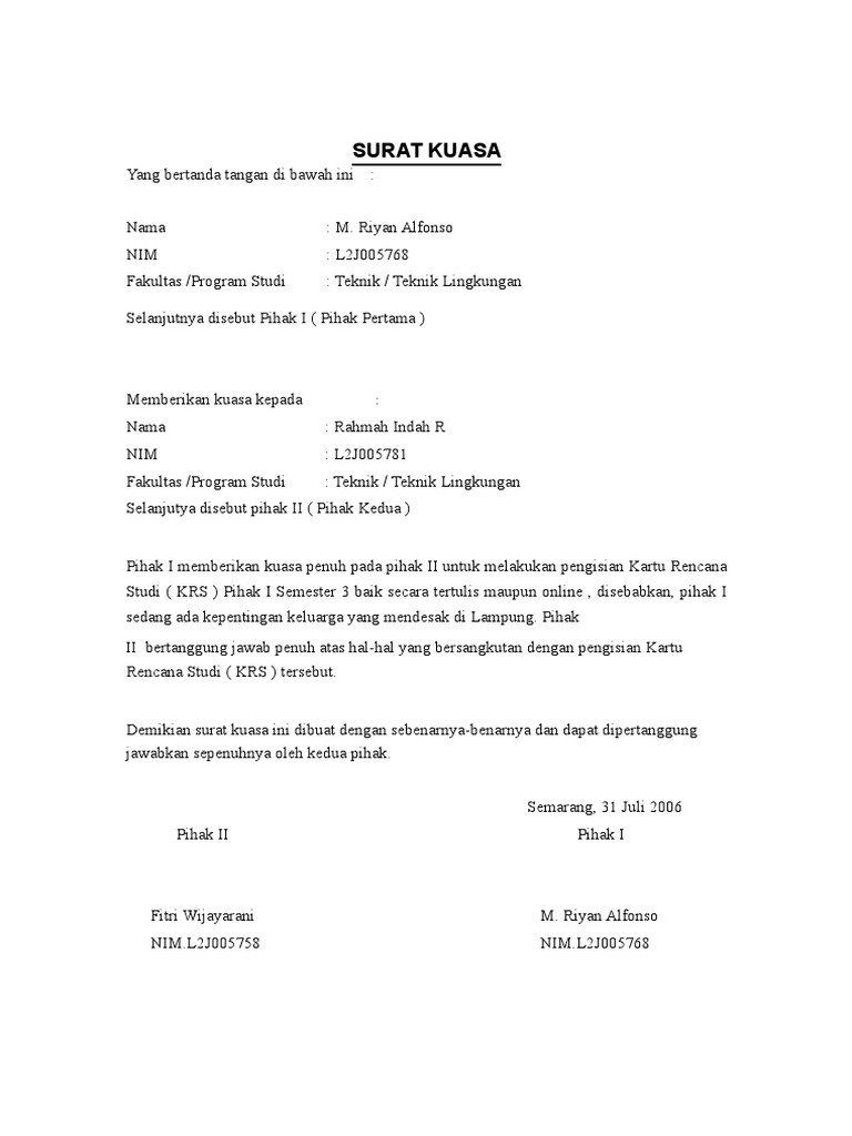 Contoh Surat Kuasa Pengisian KRS | PDF