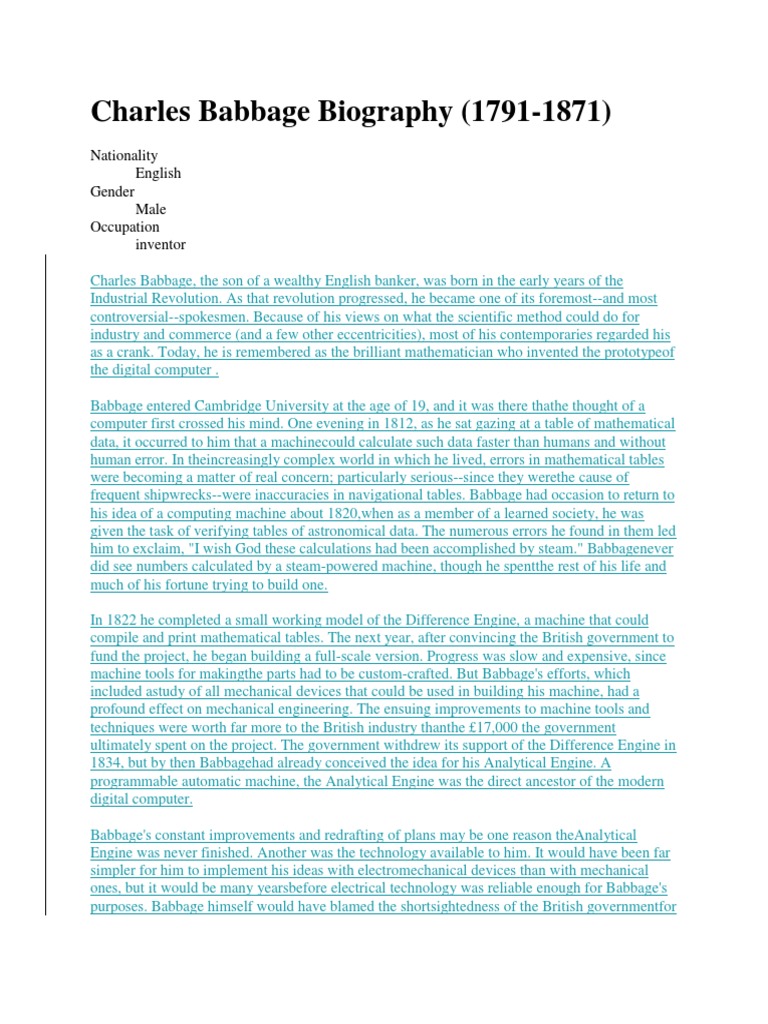 Charles Babbage Biography | PDF | Machines | Science