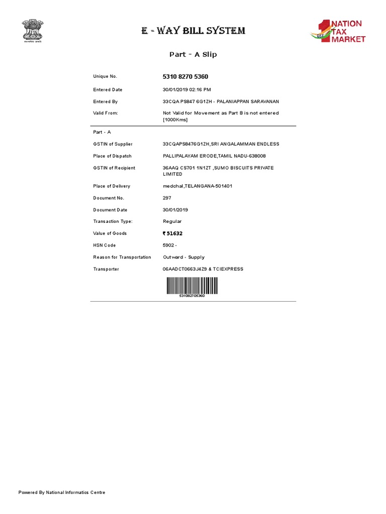 E - Way Bill System: Part - A Slip | PDF | Business