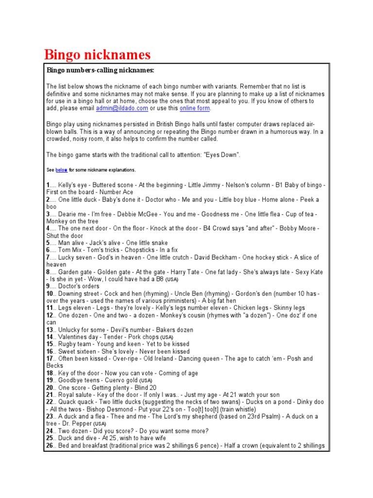 Bingo Nicknames | PDF