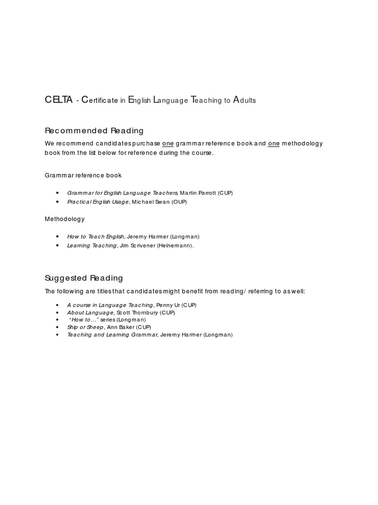 CELTA Recommended Reading List PDF | PDF