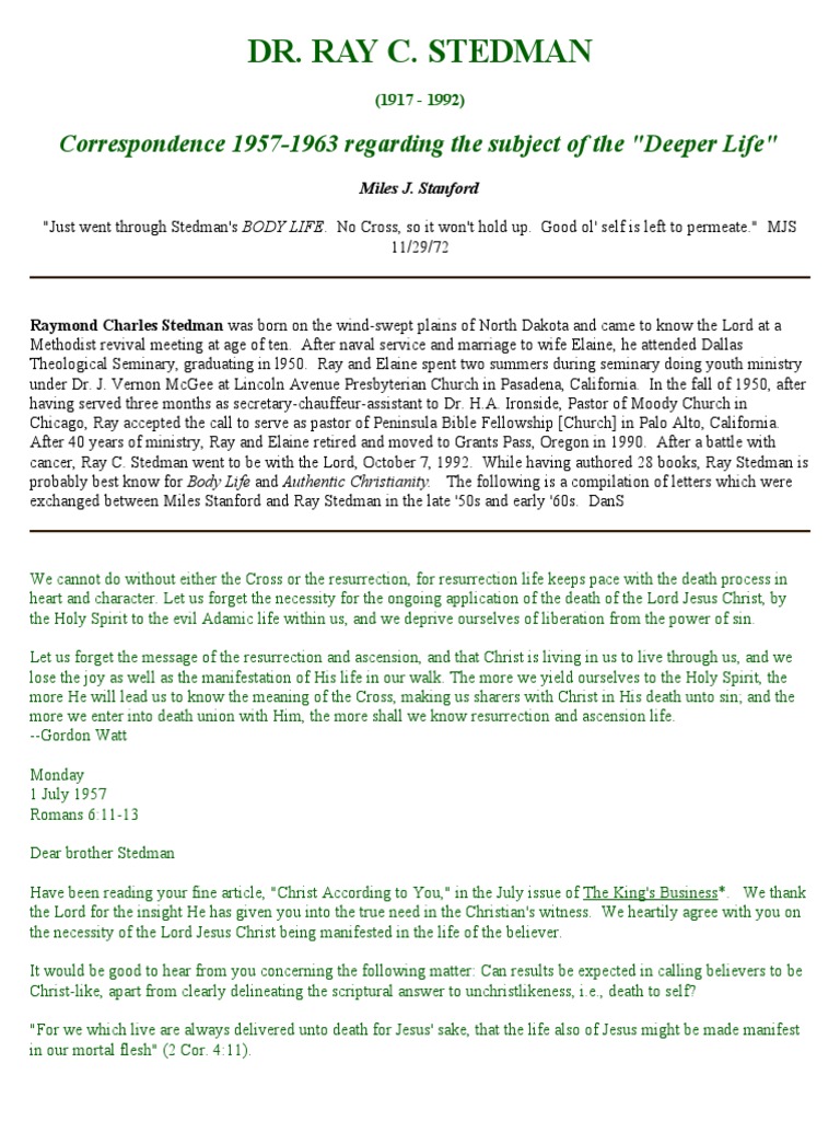"Deeper Life" Dr. Ray C. Stedman 1917 - 1992 | PDF | Jesus | Sanctification