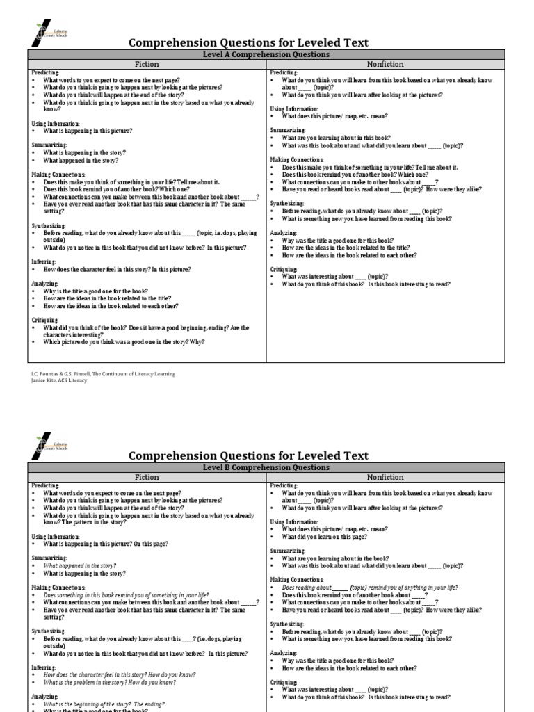Leveled Comprehension Questions | PDF | Reading Comprehension ...