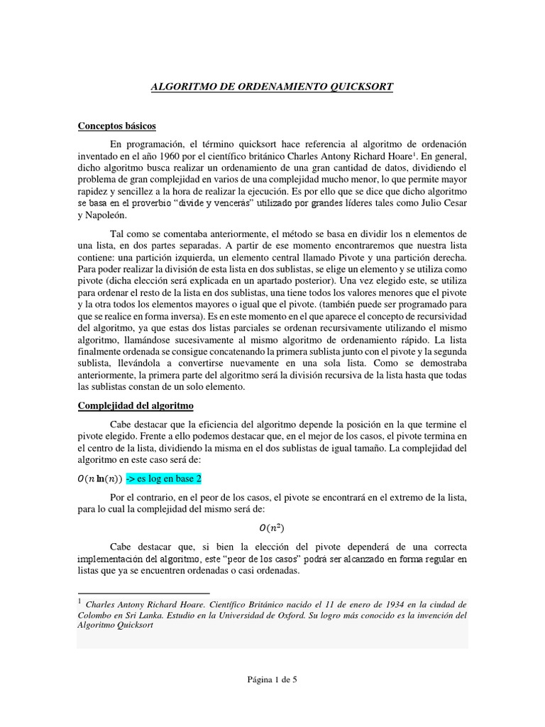Algoritmo De Ordenamiento Quicksort 1 Pdf Matemáticas Discretas Algoritmos Y Estructuras