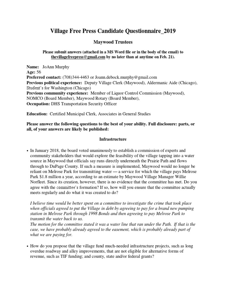 VFP Candidate Questionnaire - 2019 | PDF | Board Of Directors | Taxes