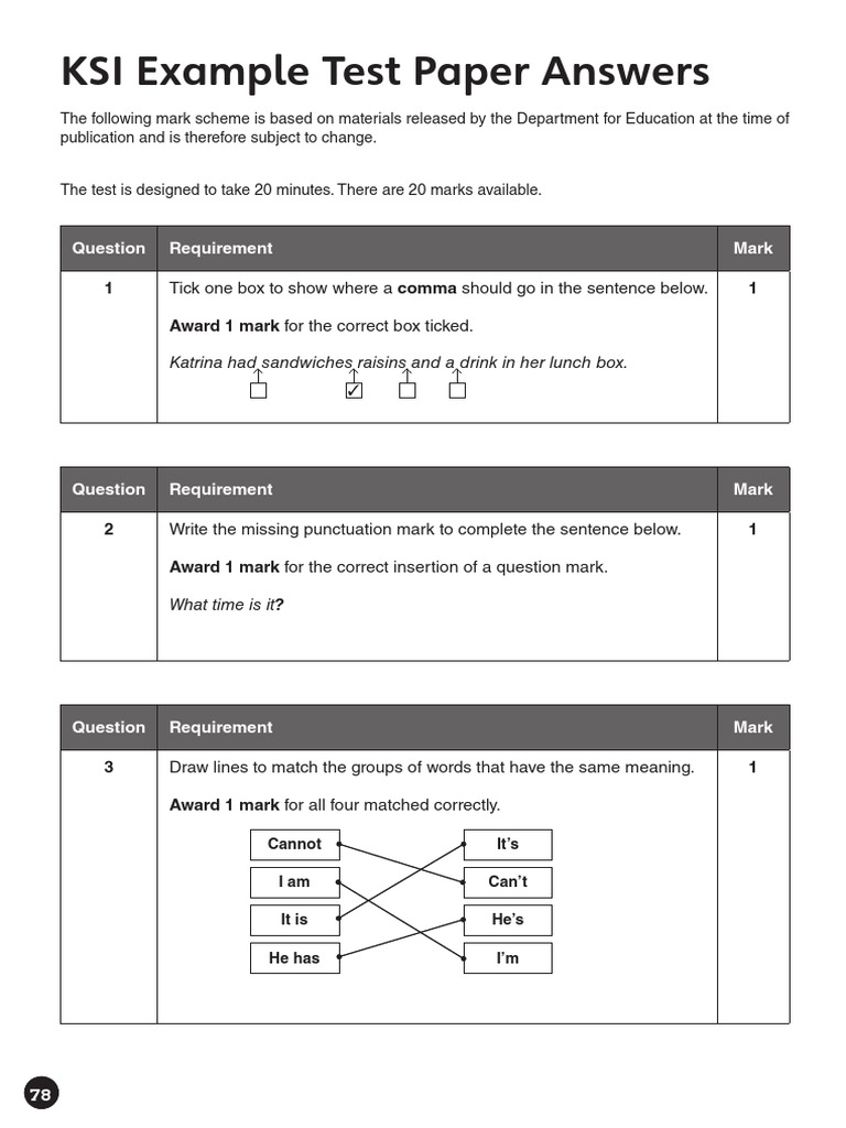 KS1 - Test Answers PDF | Download Free PDF | Adjective | Question