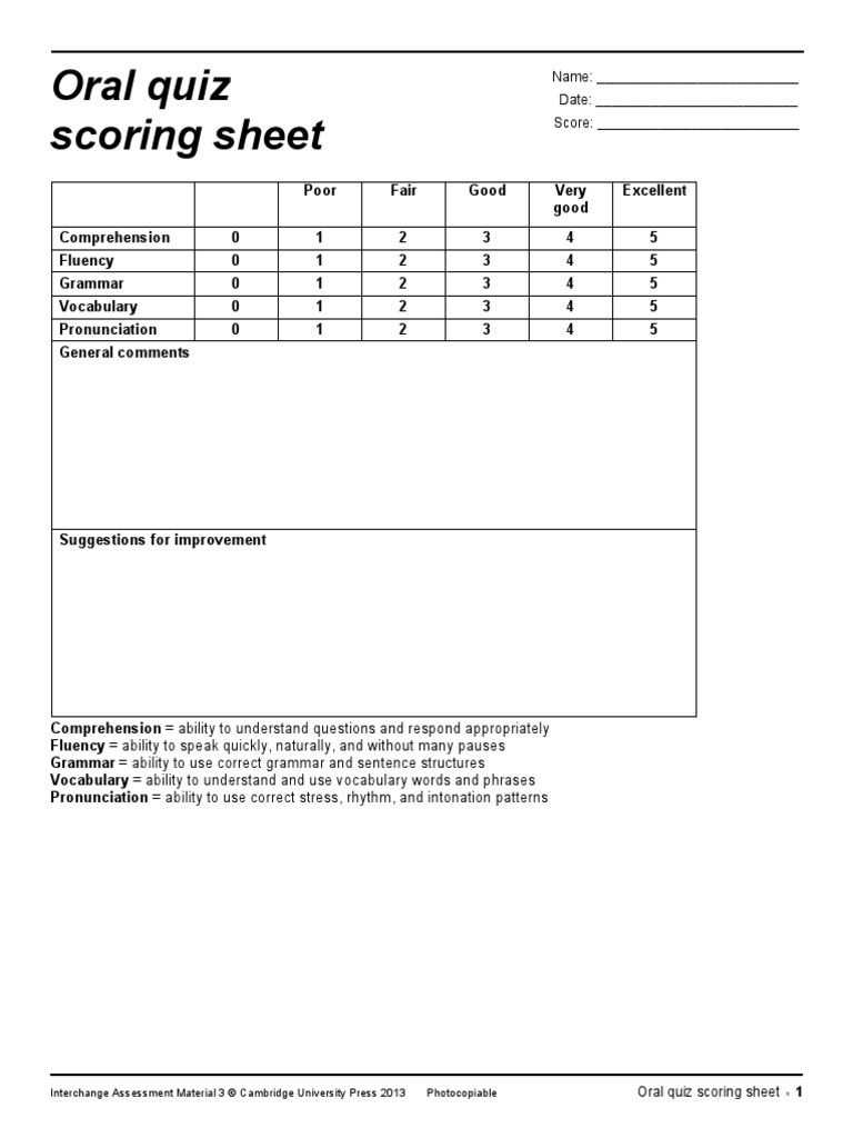 Oral Quiz Scoring Sheet | PDF