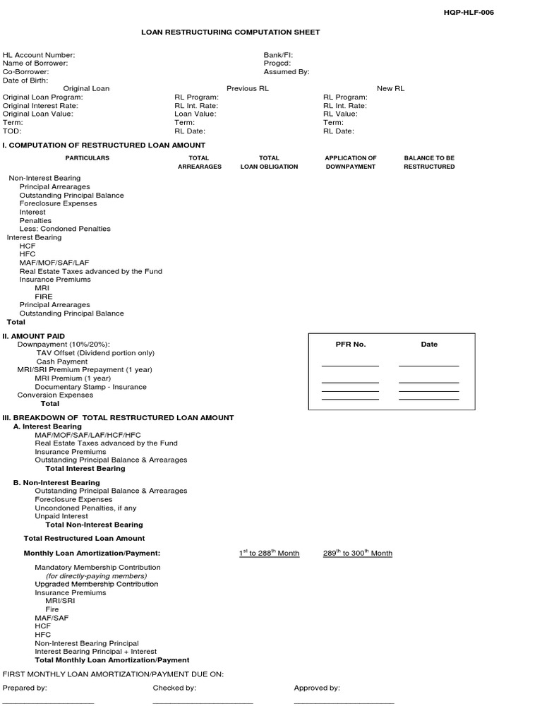 HQP-HLF-006 Loan Restructuring Computation Sheet | Loans | Arrears
