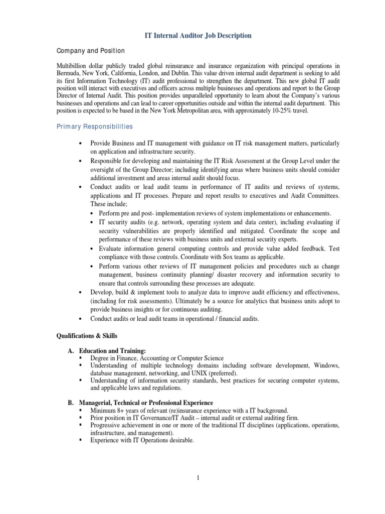 Arch IT - Internal Audit Job Description | PDF | Internal Audit ...