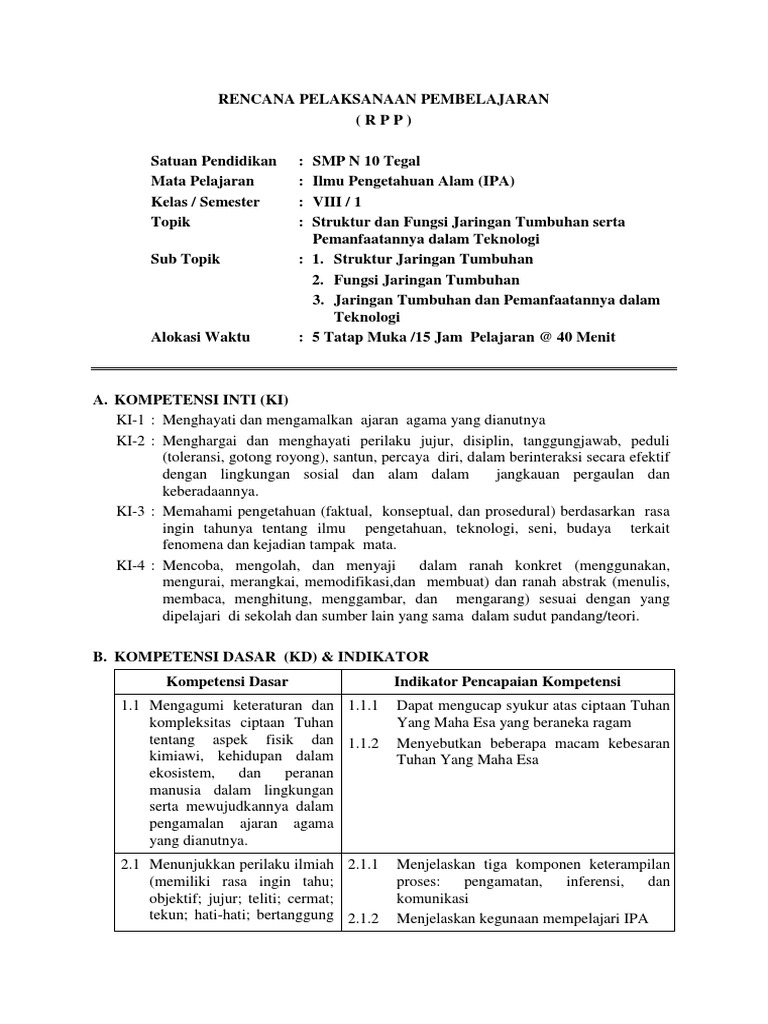 RPP 3 Struktur Dan Fungsi Jaringan Tumbuhan | PDF