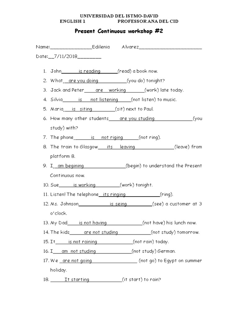 Present Continuous Exercise | PDF