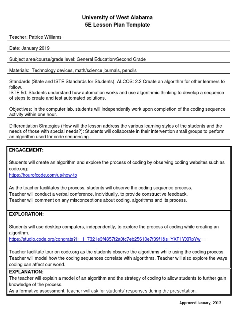 University of West Alabama 5E Lesson Plan Template: Engagement | PDF ...