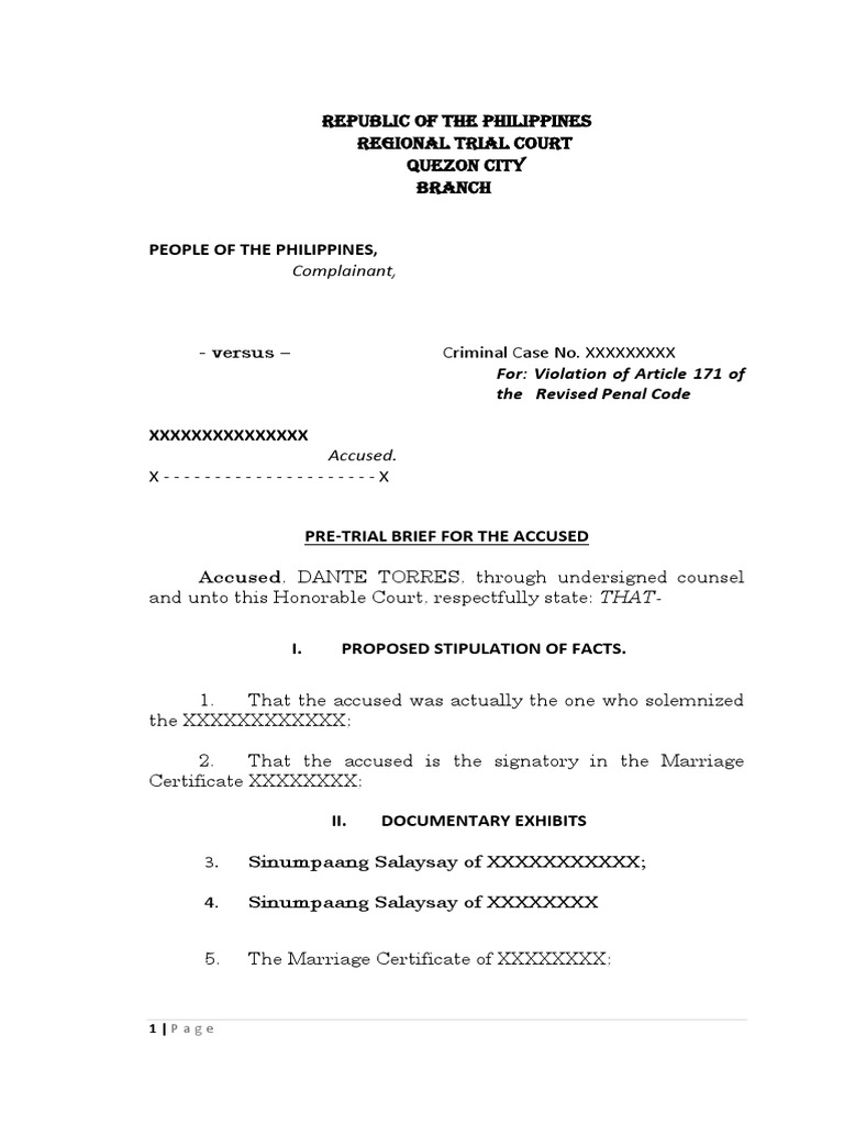 Pre Trial Brief - Sample | PDF | Criminal Law | Public Law