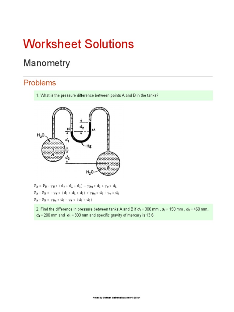 Worksheet Solutions Manometry 1 | PDF | Pascal (Unit) | Pressure