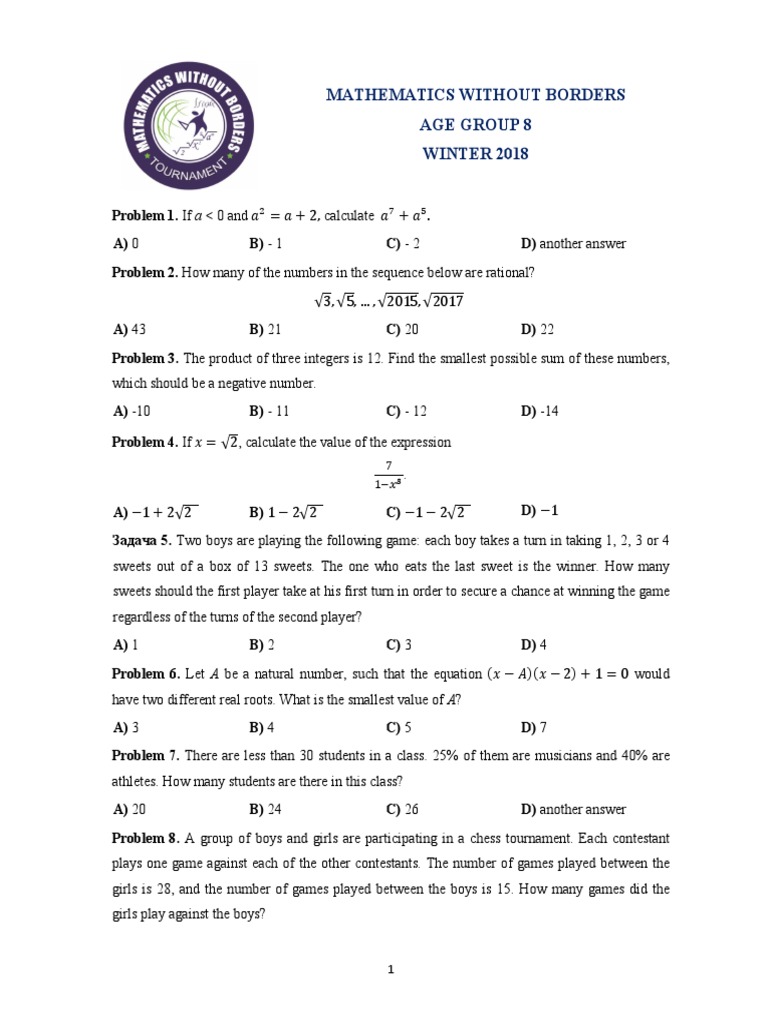 Mathematics Without Borders: An Analysis of 20 Problems from a Winter ...