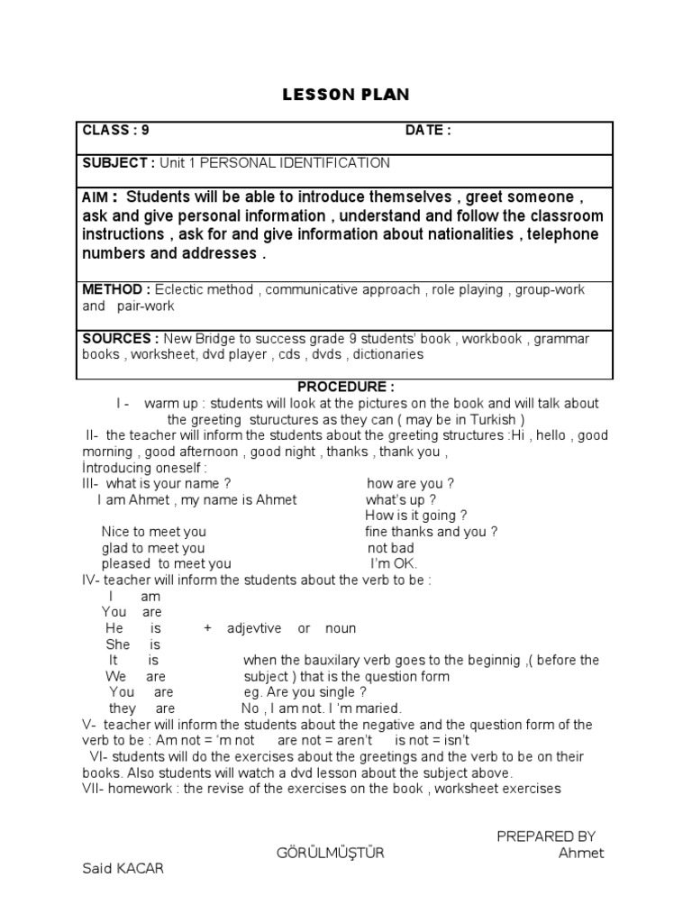 Personal Identification Lesson Plan | PDF