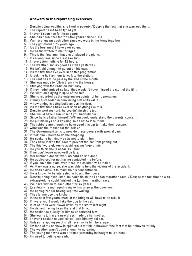 Answers To The Rephrasing Exercises | PDF