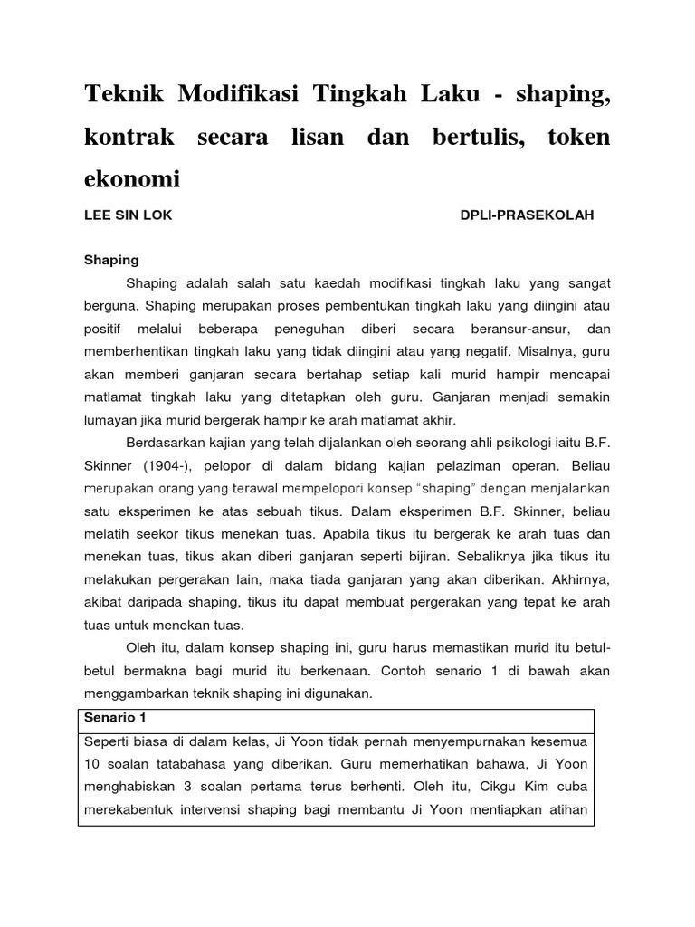 Teknik Modifikasi Tingkah Laku - Shaping, Kontrak Secara Lisan Dan Bertulis, Token Ekonomi | PDF