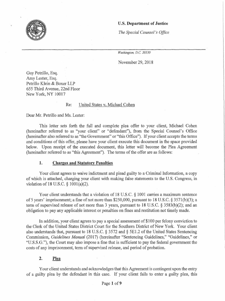 Cohen Plea Agreement | PDF | United States Federal Sentencing ...