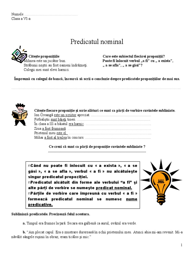 Predicatul Nominal, Fisa de Lucru | PDF
