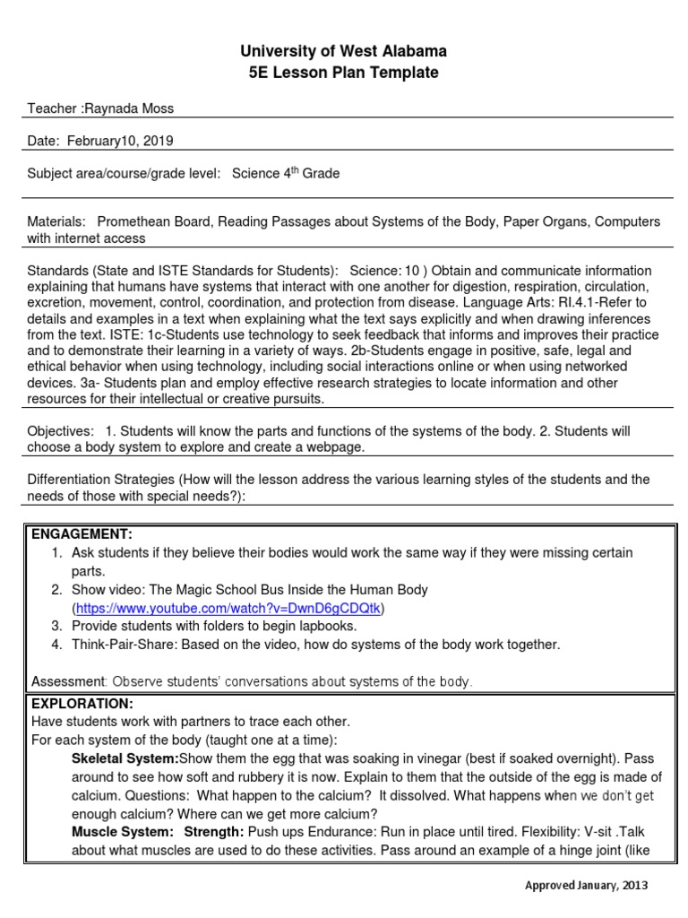 5E Lesson Plan: Human Body Systems | PDF | Classroom | Lesson Plan