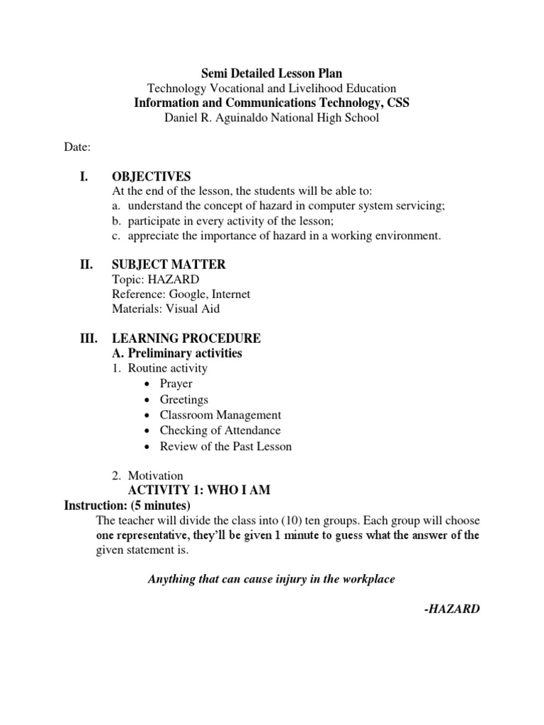 ICT Hazard Awareness Lesson | PDF | Hazards | Lesson Plan