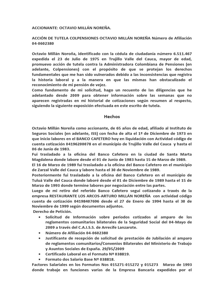 Tutela Colpensiones Octavio 2019 | PDF | Pensión | Derecho laboral