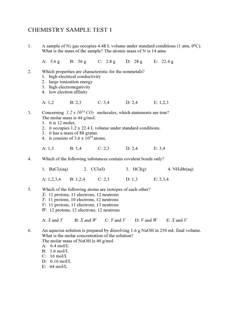 Chemistry Sample Test 11 PDF | PDF | Mole (Unit) | Carbon