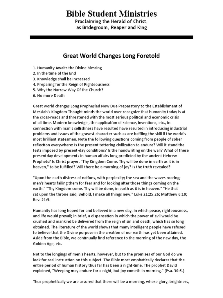 Bible Student Ministries: Great World Changes Long Foretold | PDF ...