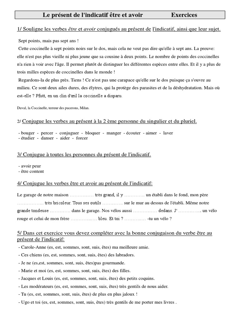 Exercices de Conjugaison cm1 Cycle 3 Le Présent de Lindicatif Être Et ...