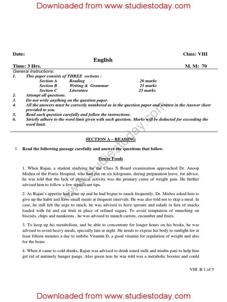 Sample Question Paper Science Class Viii 2017 | PDF