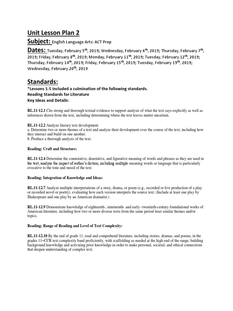 Unit Lesson Plan Act Prep | PDF | Act (Test) | Question