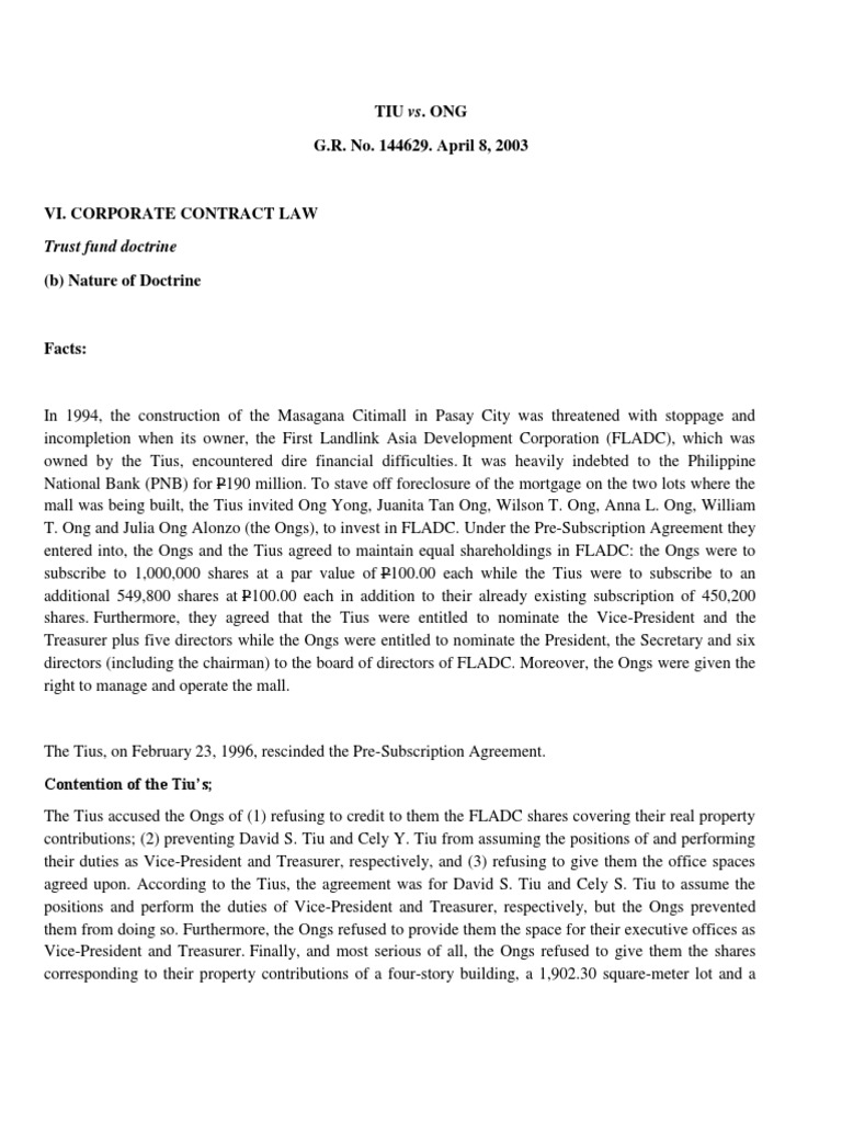 Tiu vs. Ong G.R. No. 144629. April 8, 2003: Trust Fund Doctrine | PDF ...
