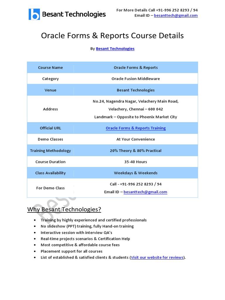 Oracle Forms Reports Besant Technologies Course Syllabus | PDF | Pl/Sql | Oracle Database