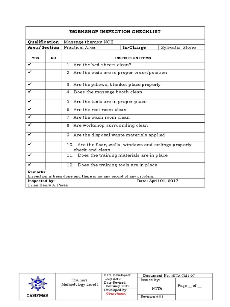 04 Workshop Inspection Checklist | PDF
